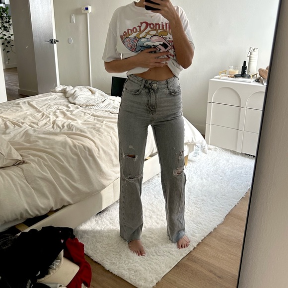 Zara | Jeans | Zara Grey Ripped Mom Jeans High Rise | Poshmark